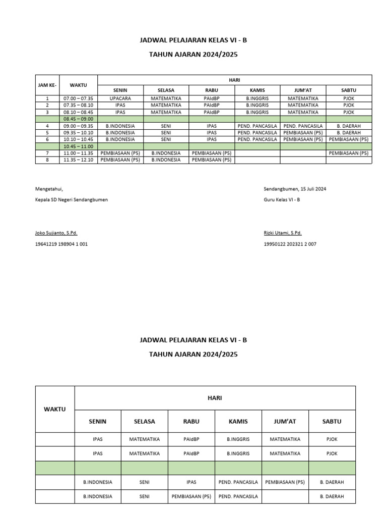 Jadwal Pelajaran Kelas 6B | PDF