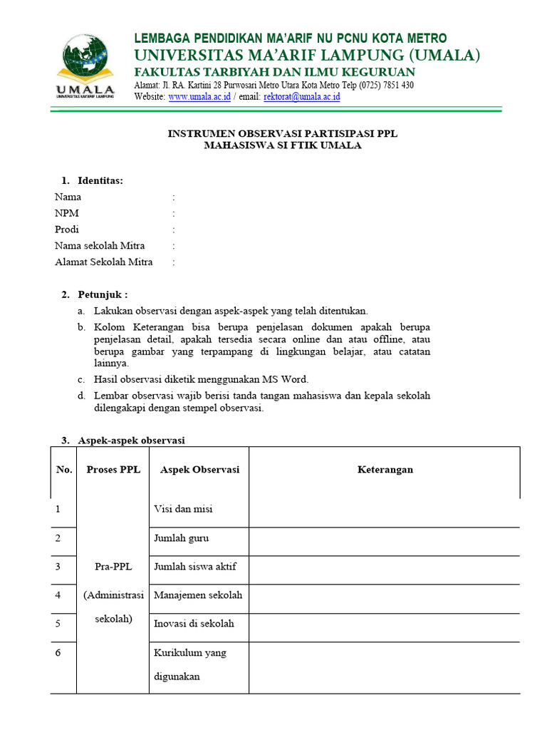 Lembar Observasi Pra Dan PPL | PDF