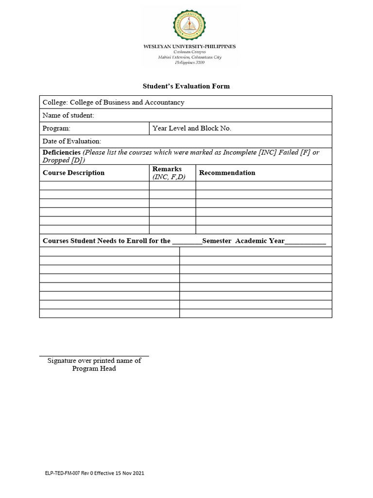 Student Evaluation Form | PDF