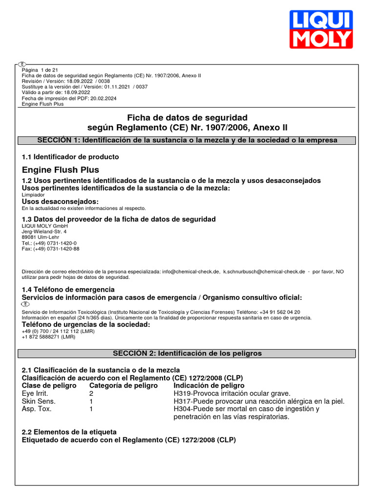 Ficha de Seguridad LM1868 Limpiador Interno de Motor | PDF ...