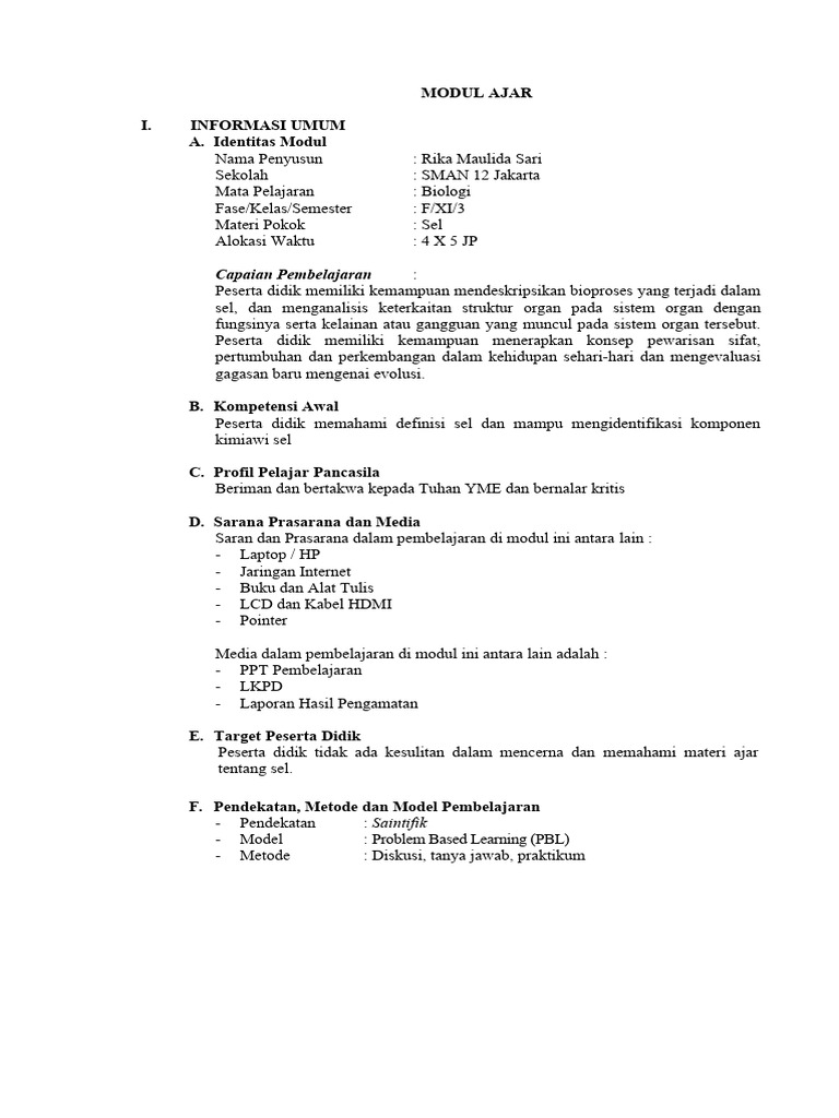 Contoh Format RPP - Modul Ajar Biologi Fase F - Sel | PDF
