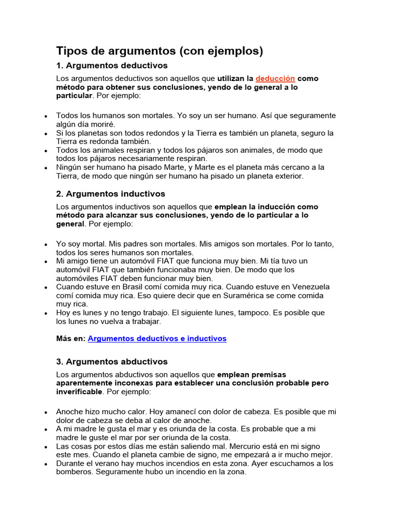Tipos de argumentos y ejemplos claros | PDF | Razonamiento deductivo ...