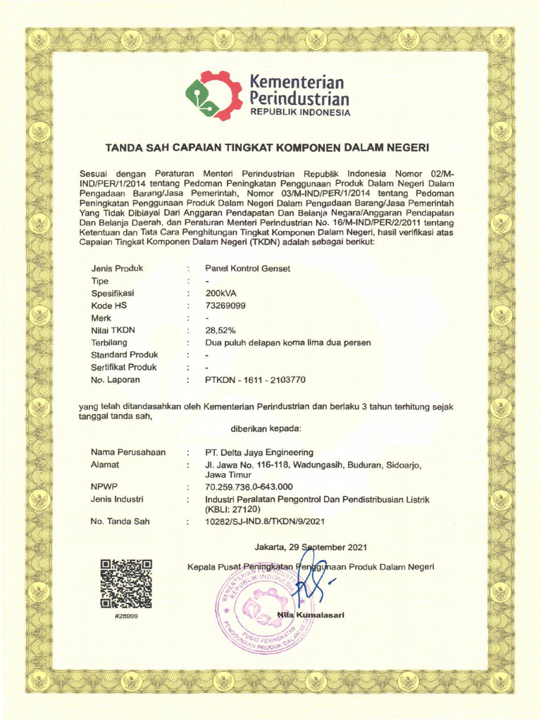 TKDN Panel Kontrol Genset Pt. Delta Jaya Engineering - 10282 - 28999 | PDF