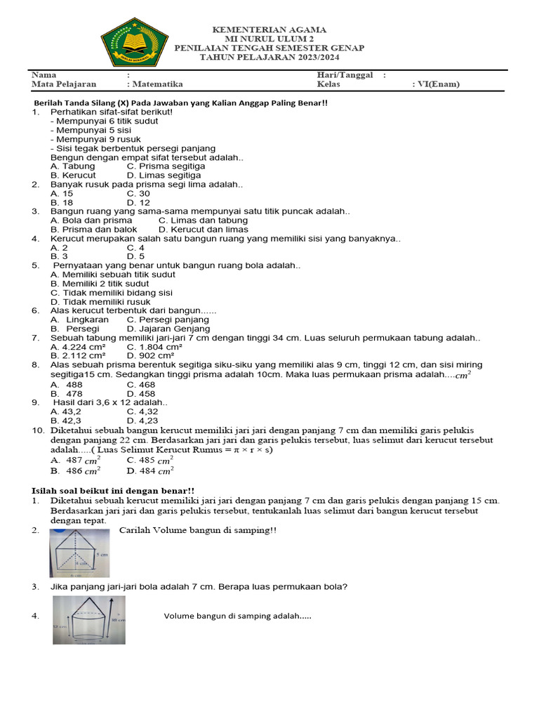 Soal PTS MTK KLS 6 Semester 2 | PDF | Olahraga & Rekreasi | Metode & Bahan Ajar