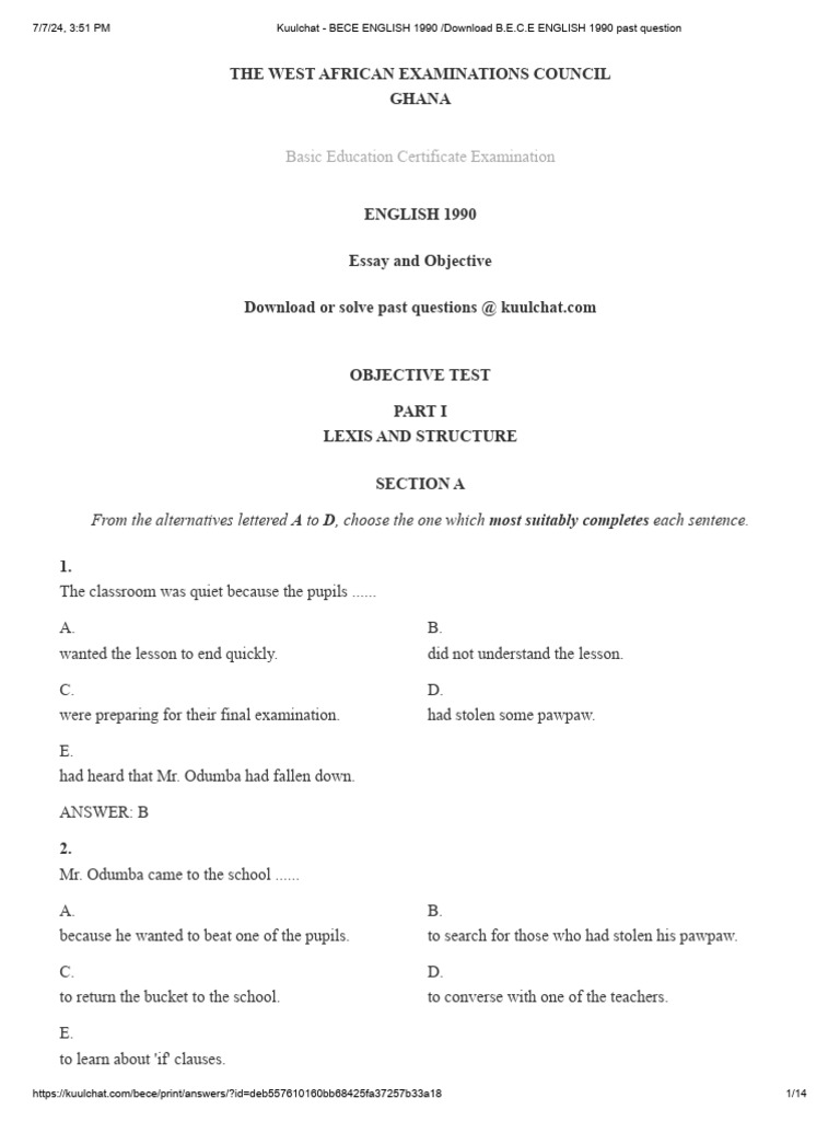 BECE English Past Questions 1990-2024 | PDF | Linguistics
