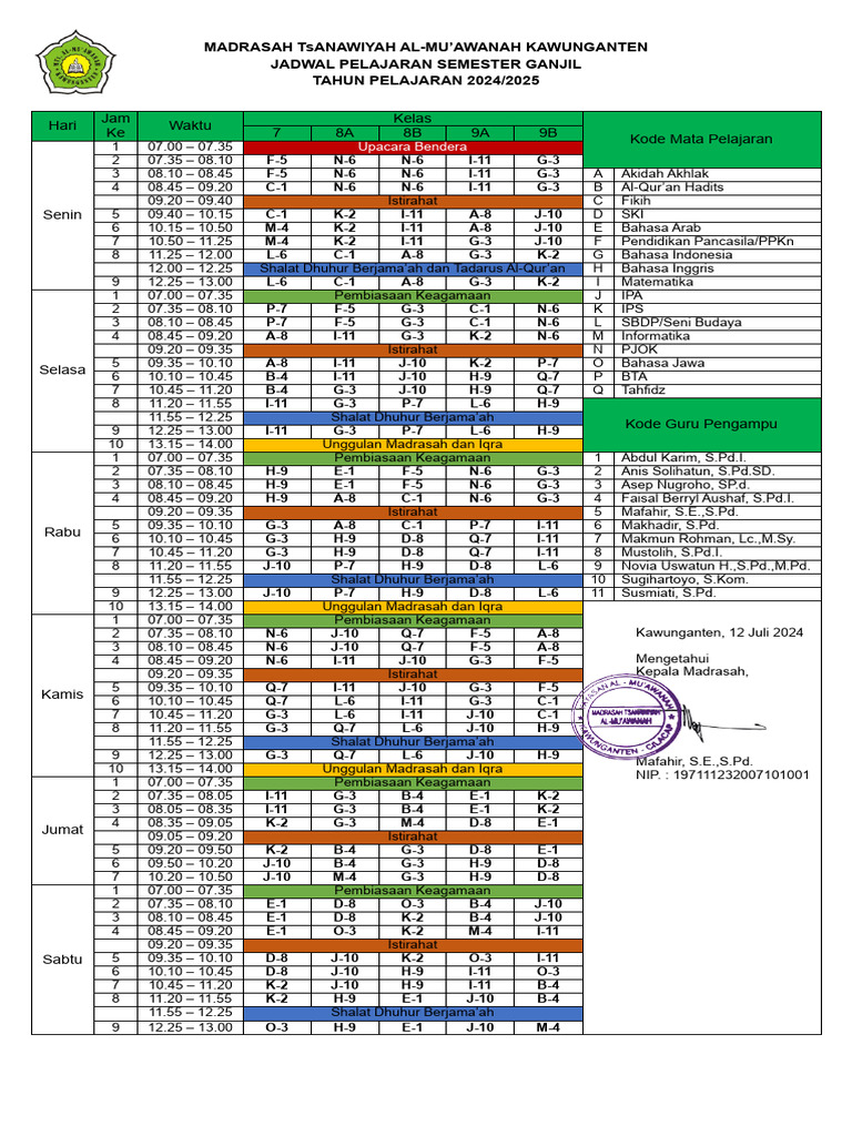 Jadwal Pelajaran Tapel. 2024-2025 | PDF