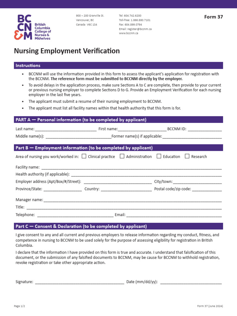 Nursing Employment Verification Form | PDF | Nursing | Health Care