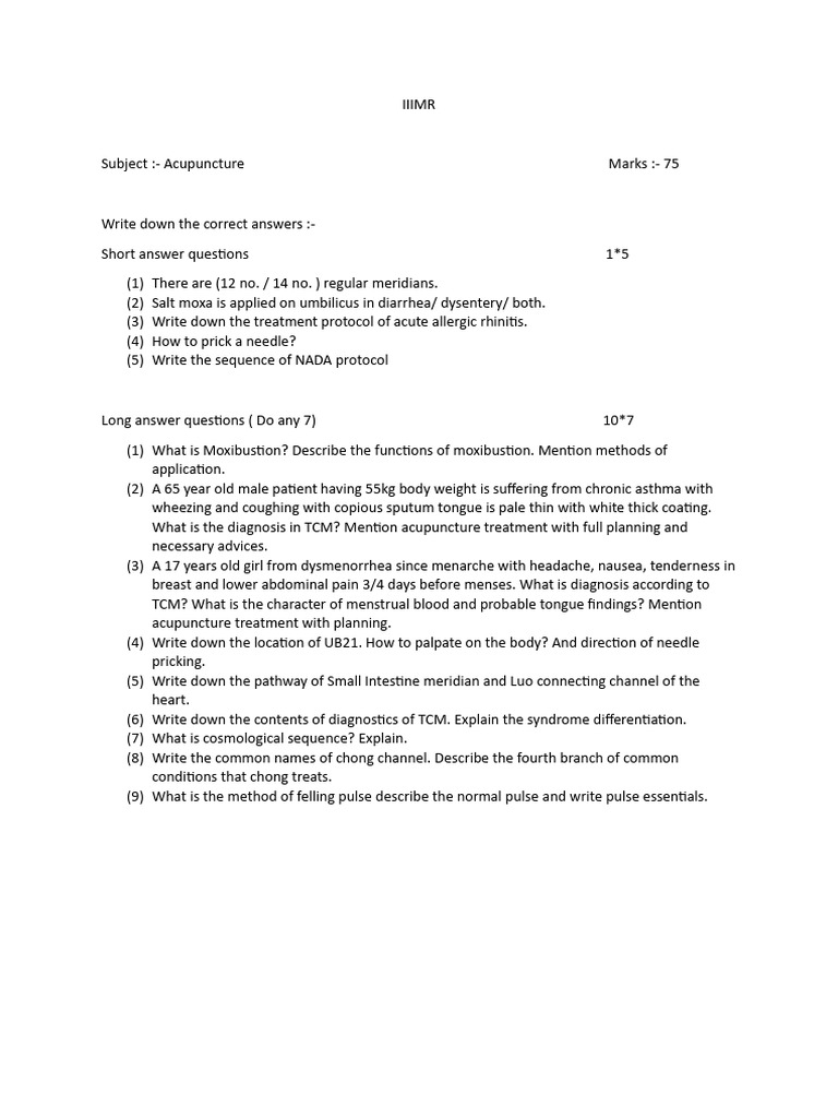 Acupuncture Exam Practice Questions | PDF | Science & Mathematics
