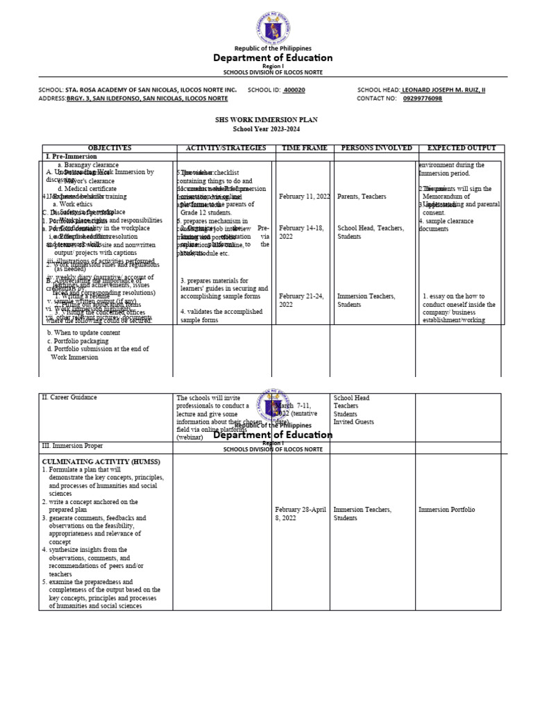 SCHOOL IMMERSION PLAN_SRA | Download Free PDF | Marketing | Strategic ...