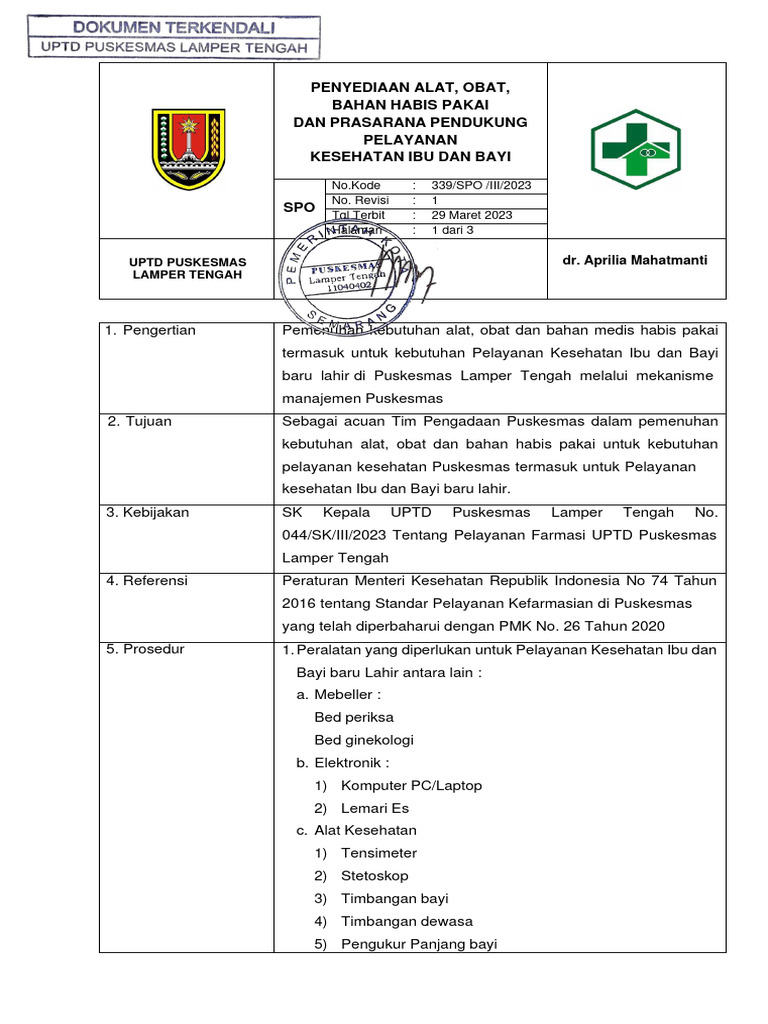 4.2.1.3 Spo Penyediaan Alat, Obat Dan Bahan Habis Pakai Dan Prasarana Pendukung Pelayanan ...