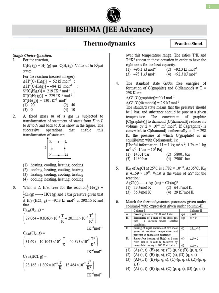Thermodynamics _ Practice Sheet __ Bhishma JEE Advanced 2023 | PDF | Physical Quantities ...