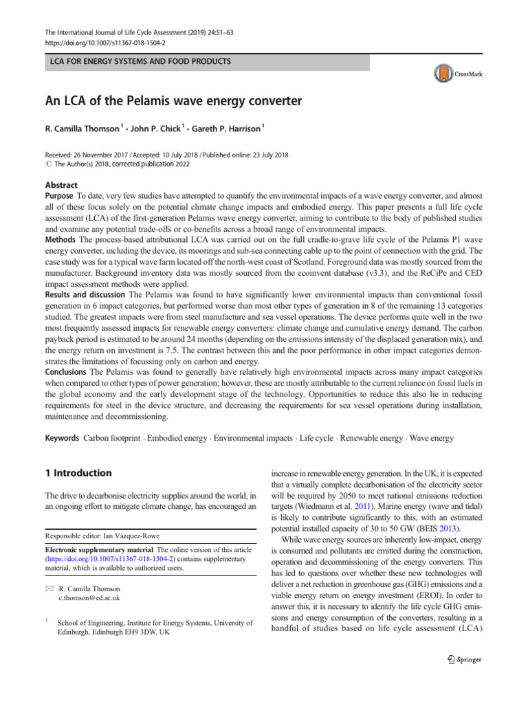 An LCA of The Pelamis Wave Energy Converter | PDF | Life Cycle ...