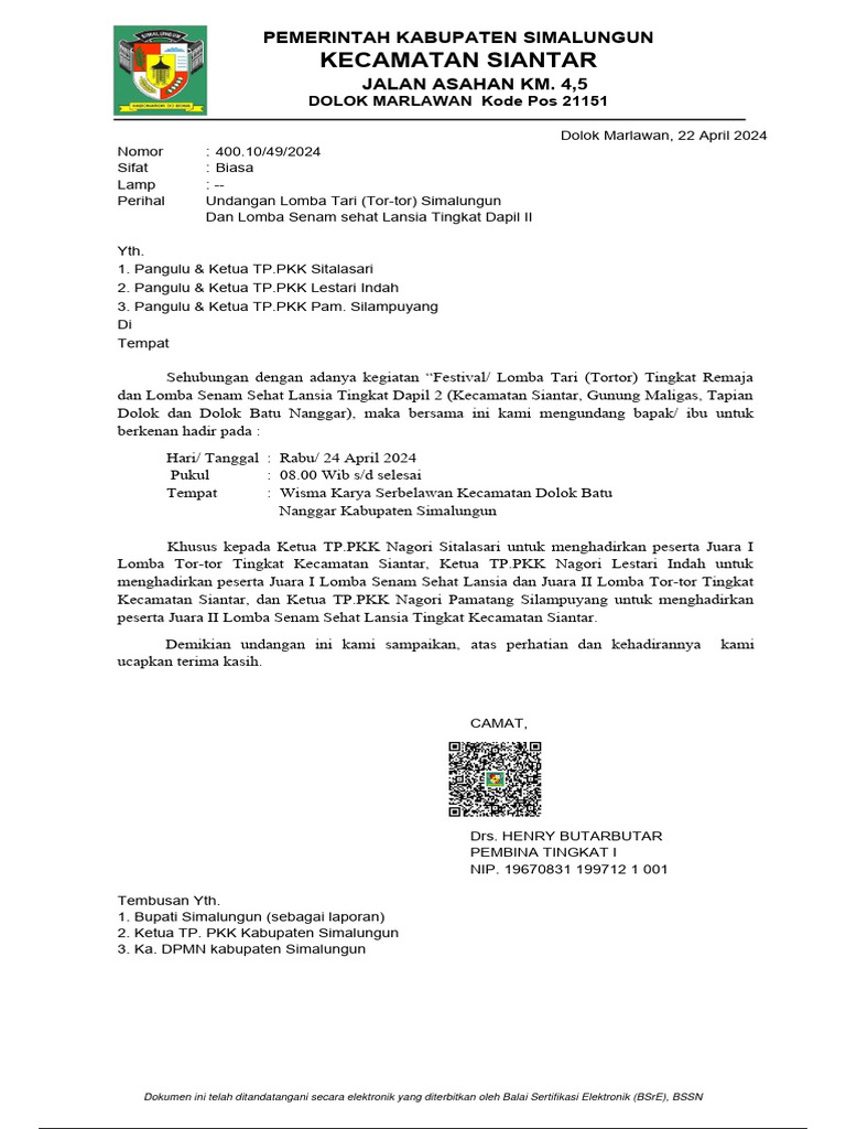 Undangan Lomba Tor-Tor & Senam Lansia Dapil 2 | PDF