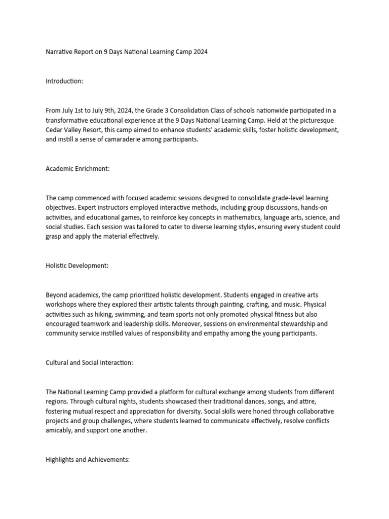Narrative Report On 9 Days National Learning Camp 2024 | PDF | Learning ...