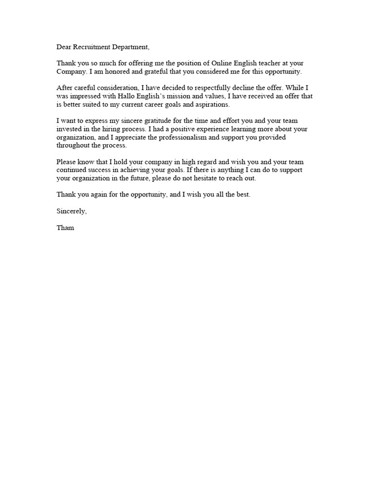 Declining Job Offer Letter Template | PDF | Career & Growth