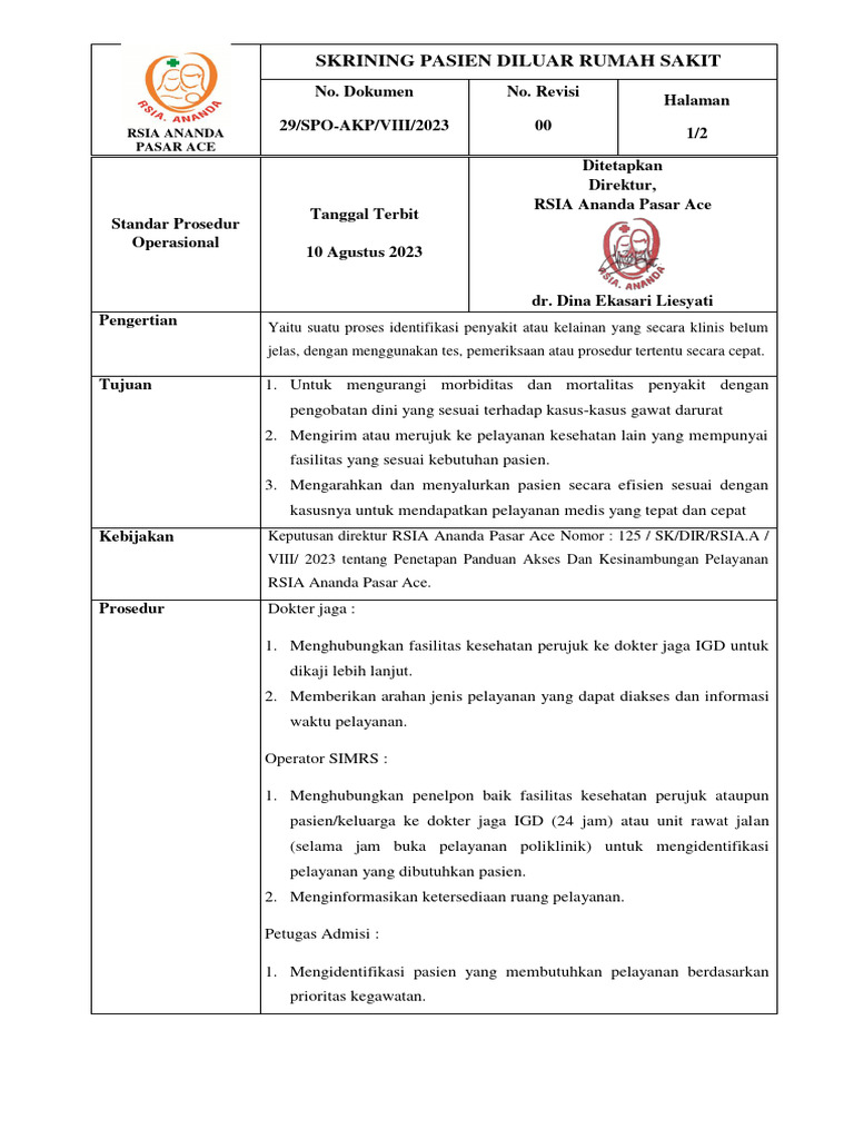 Prosedur Skrining Pasien RSIA Ananda | PDF