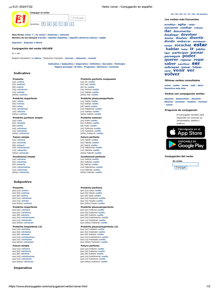Verbo Volver - Conjugación en Español | PDF | Conjugación gramatical ...