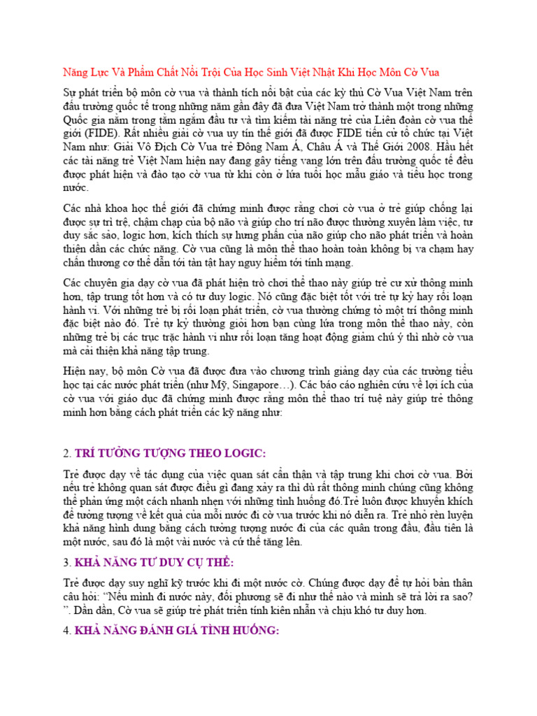 Năng Lực Và Phẩm Chất Nổi Trội Của Học Sinh Việt Nhật Khi Học Môn Cờ Vua. | PDF