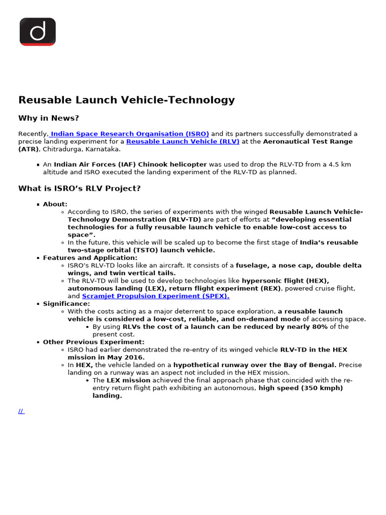 Reusable Launch Vehicle-Technology: Why in News? | PDF | Space Programs ...