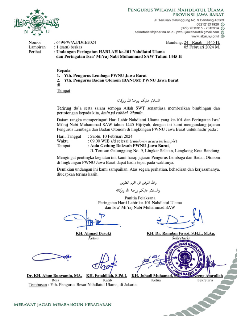 649 - Undangan Peringatan Harlah Nu Ke-101 & Isra' Mi'raj - Lembaga ...