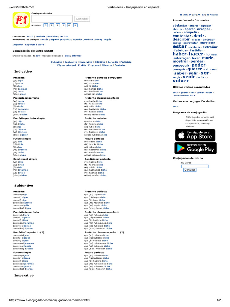 Verbo Decir - Conjugación en Español | PDF | Conjugación gramatical ...