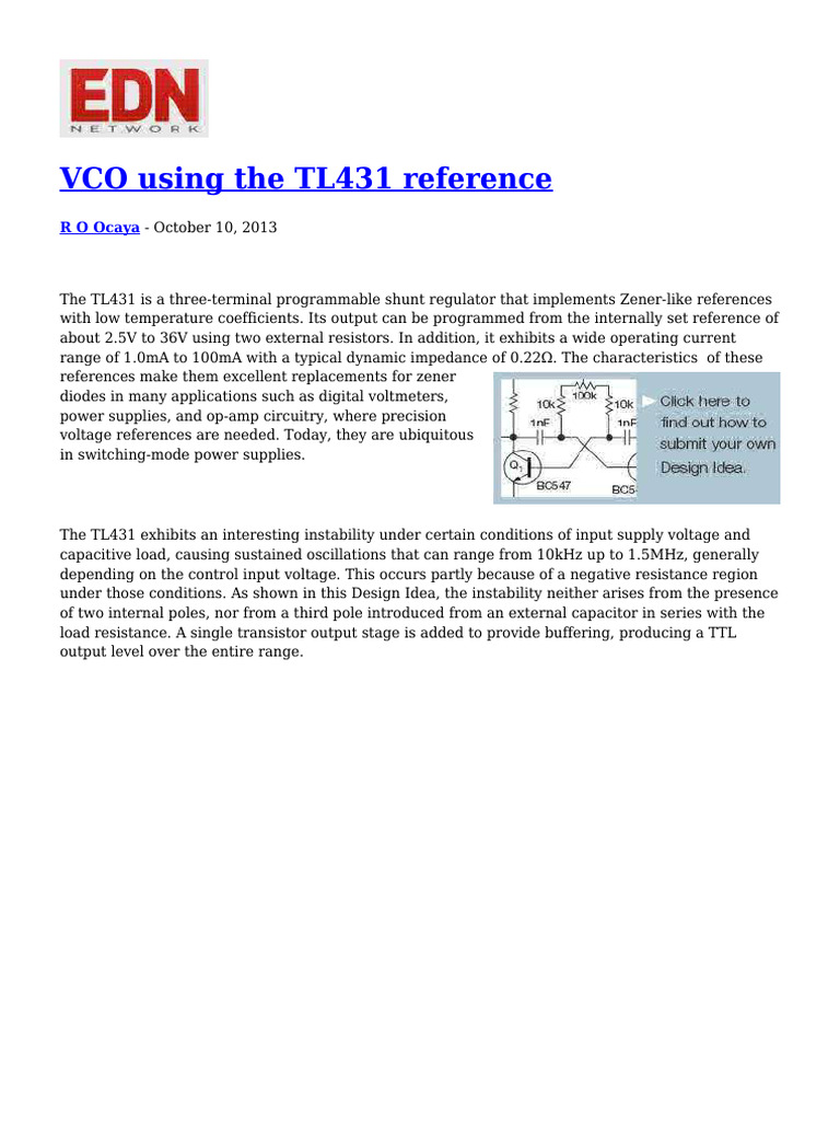 TL431-Based Voltage-Controlled Oscillator | PDF | Capacitor | Electrical Resistance And Conductance