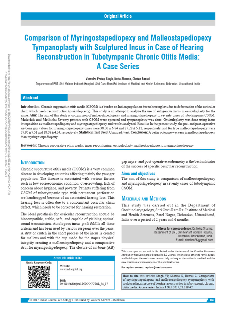 Ossiculoplasty Techniques in CSOM | PDF | Ear | Auditory System
