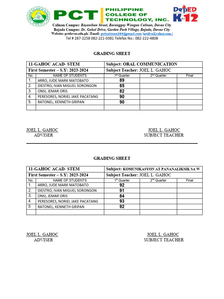 GRADING SHEET GAHOC-STEM | PDF