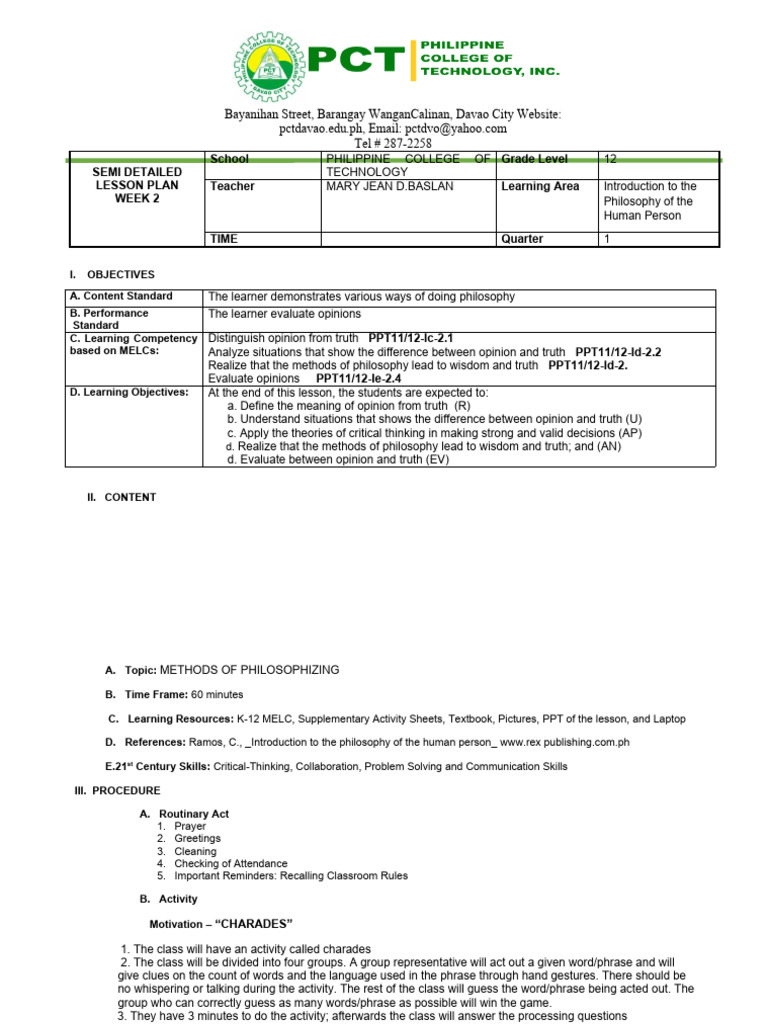 Grade 12 Philosophy Lesson Plan: Week 2 | PDF | Reason | Experience