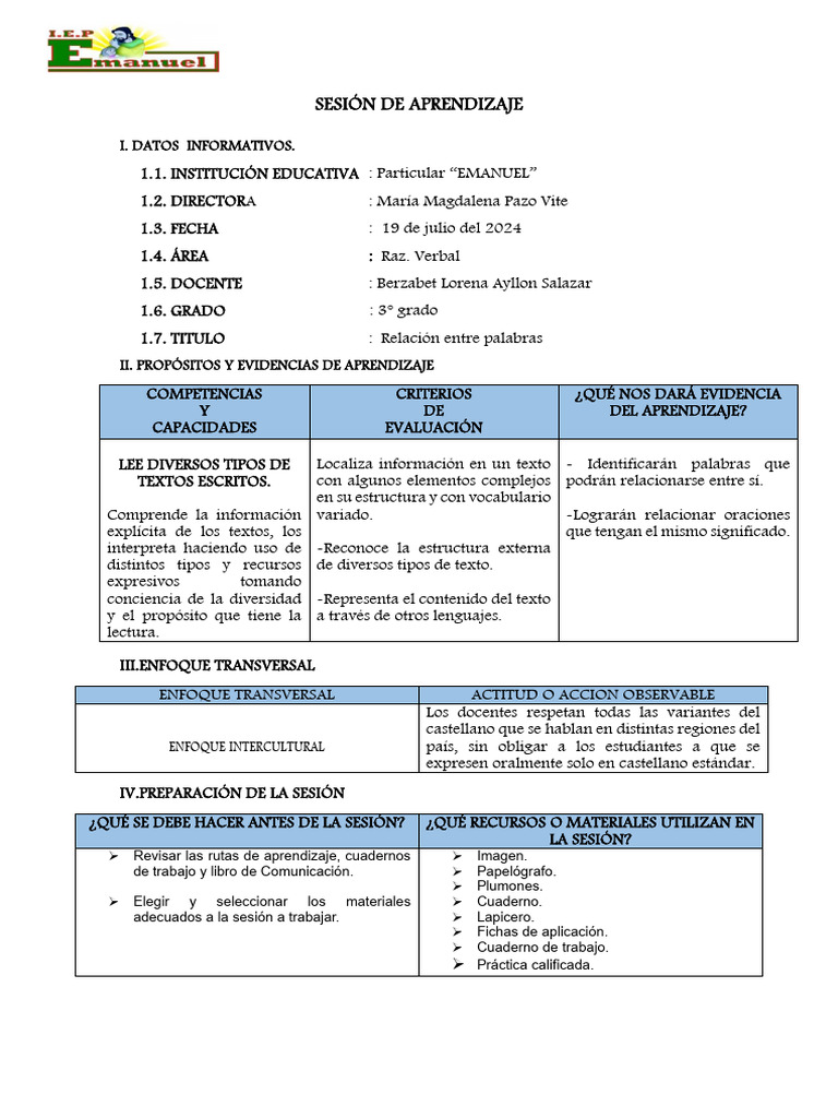 SESIÓN DE APRENDIZAJE Raz. Verbal (Relacion Entre Palabras) | PDF | Aprendizaje | Cognición