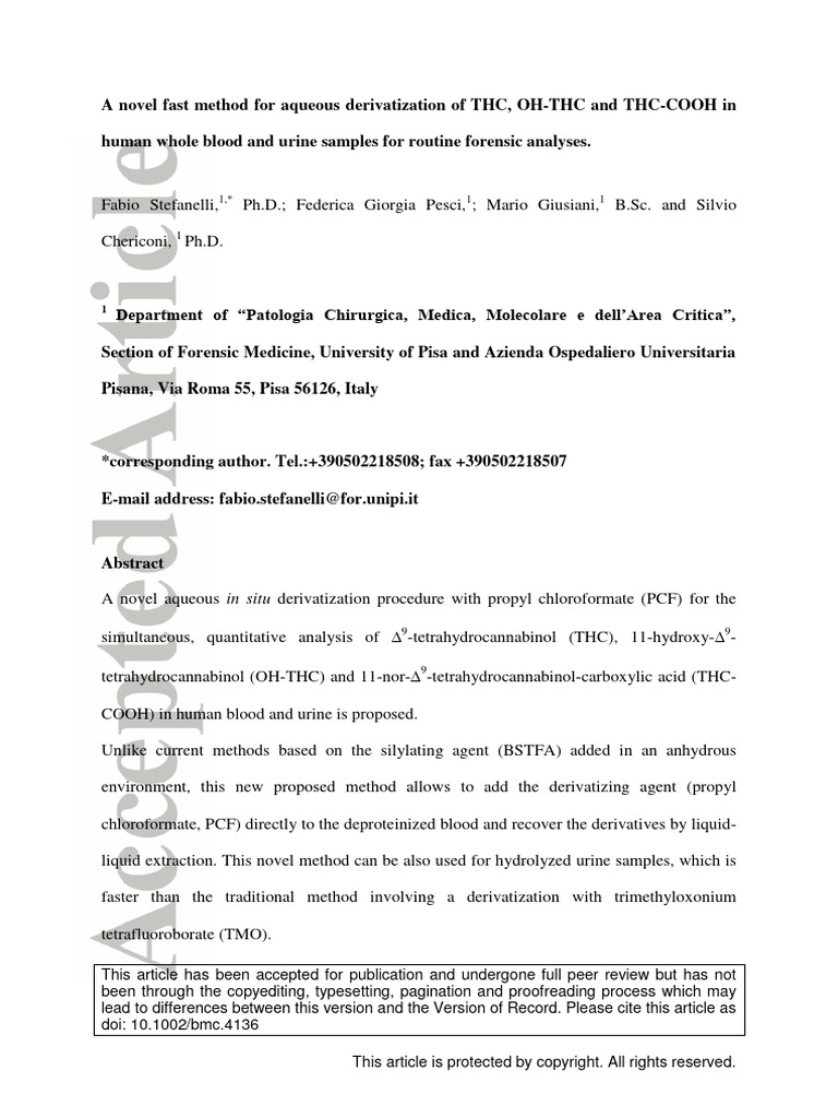 A Novel Fast Method For Aqueous Derivatization of THC, OH-THC and THC ...