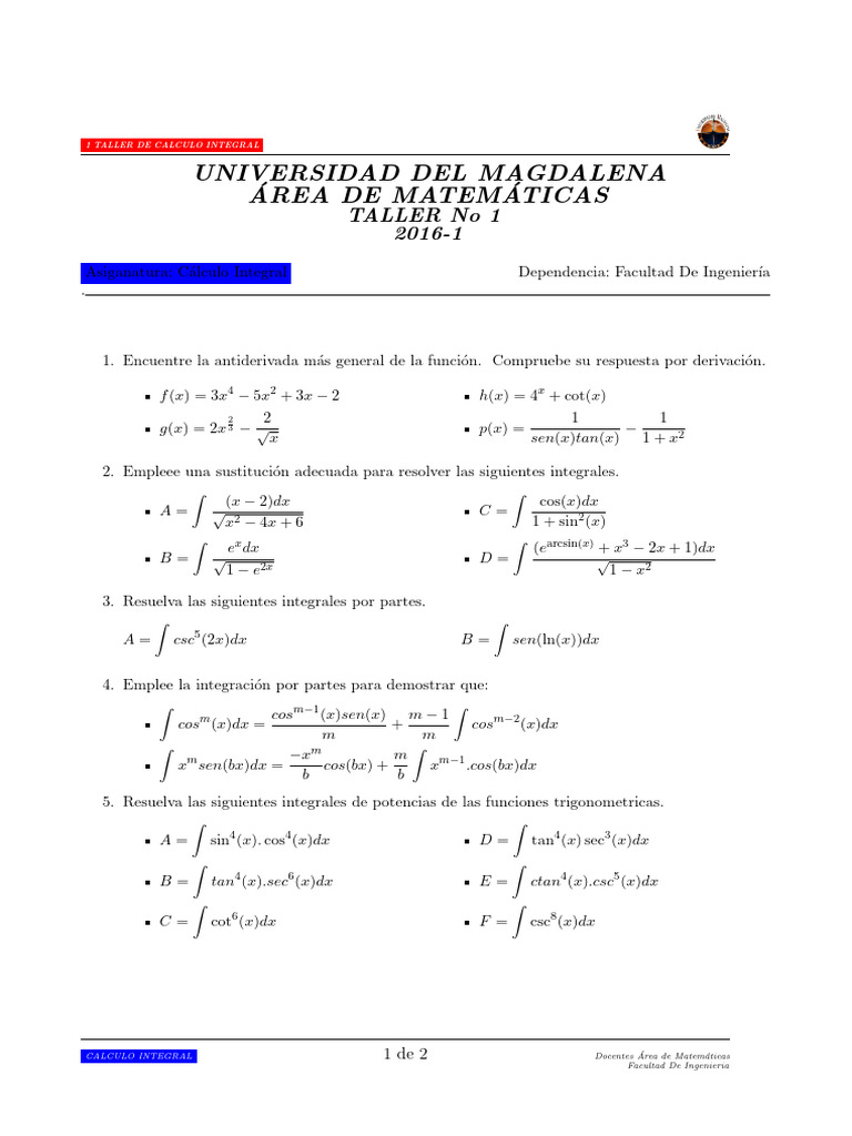 1 Taller Calc Integ 2016-1 | PDF | Integral | Funciones y mapeos