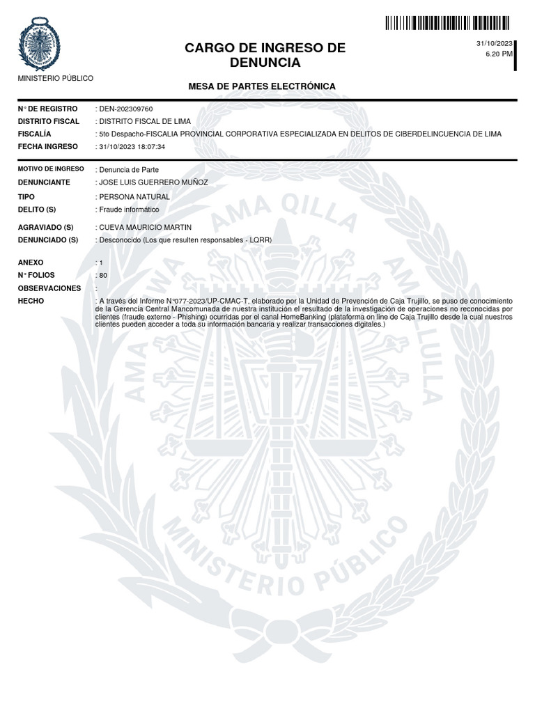 01 Denuncia Penal Por Fraude Informático 1 Pdf Suplantación De