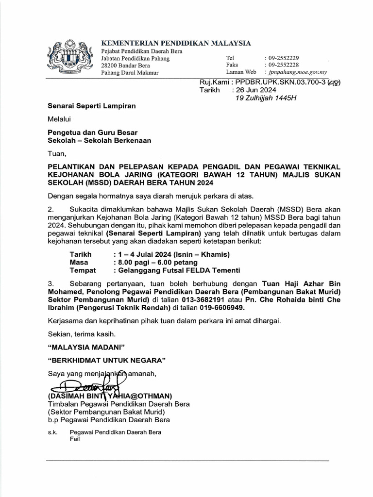Surat Pelepasan Pengadil & Teknikal B.jaring MSSD Ralat | PDF