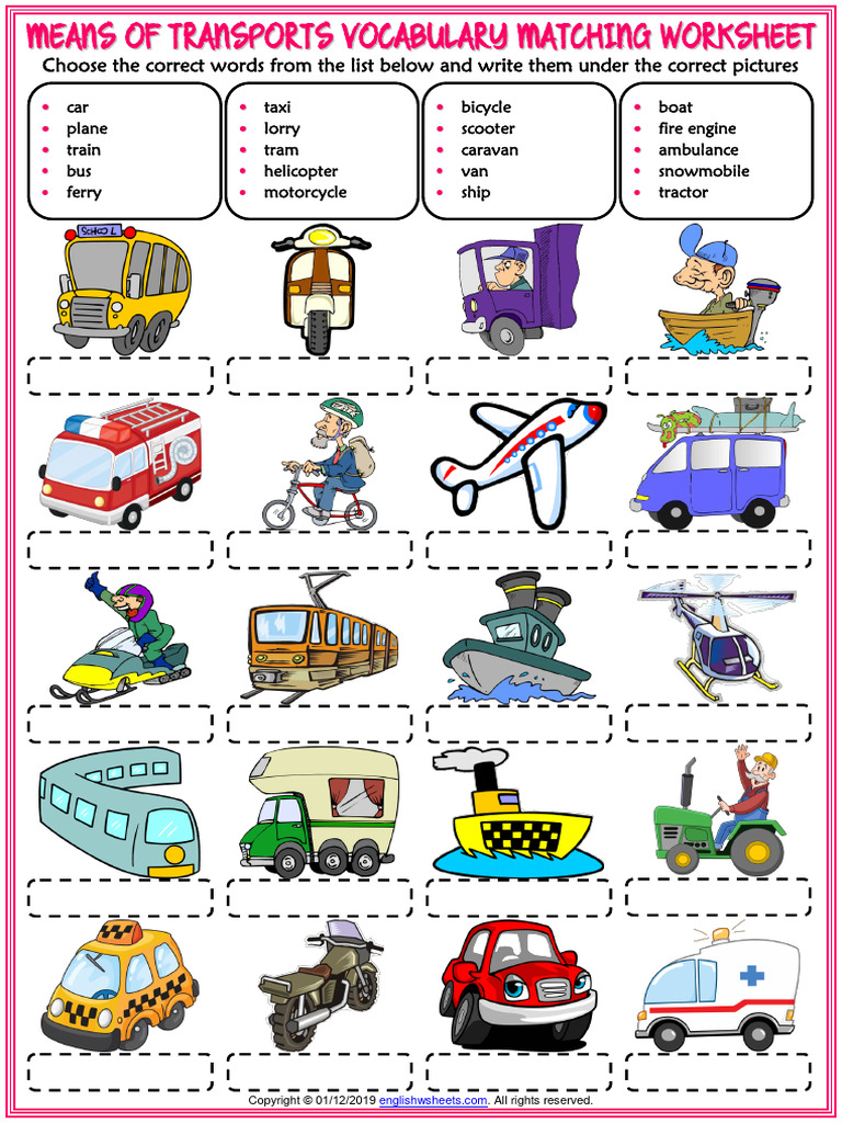 Means of Transport Vocabulary Esl Matching Exercise Worksheet For Kids ...