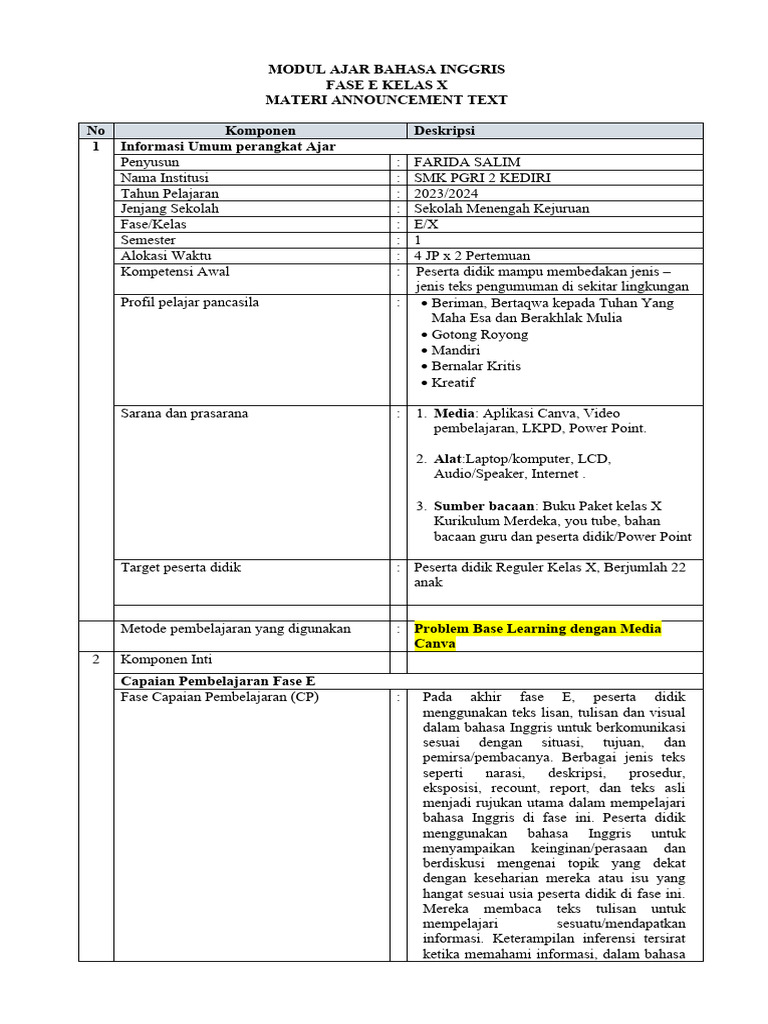 MODUL AJAR PPL 2 FARIDA | PDF