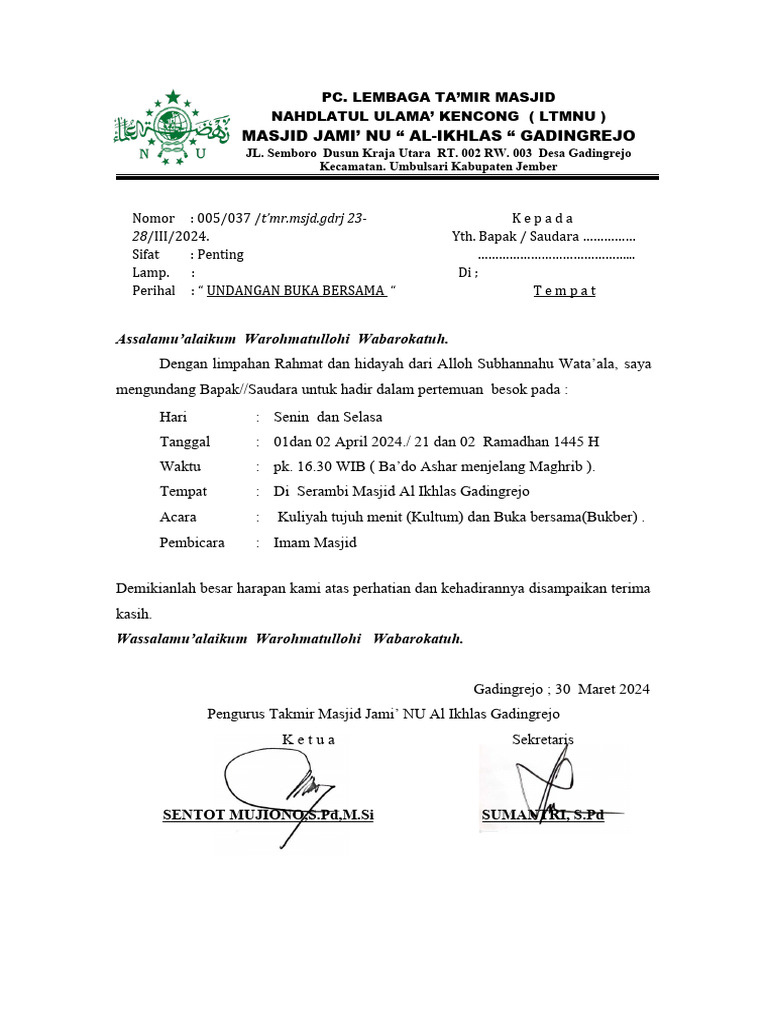 Undangan Bukber Di Masjid Romadlon 2024 | PDF