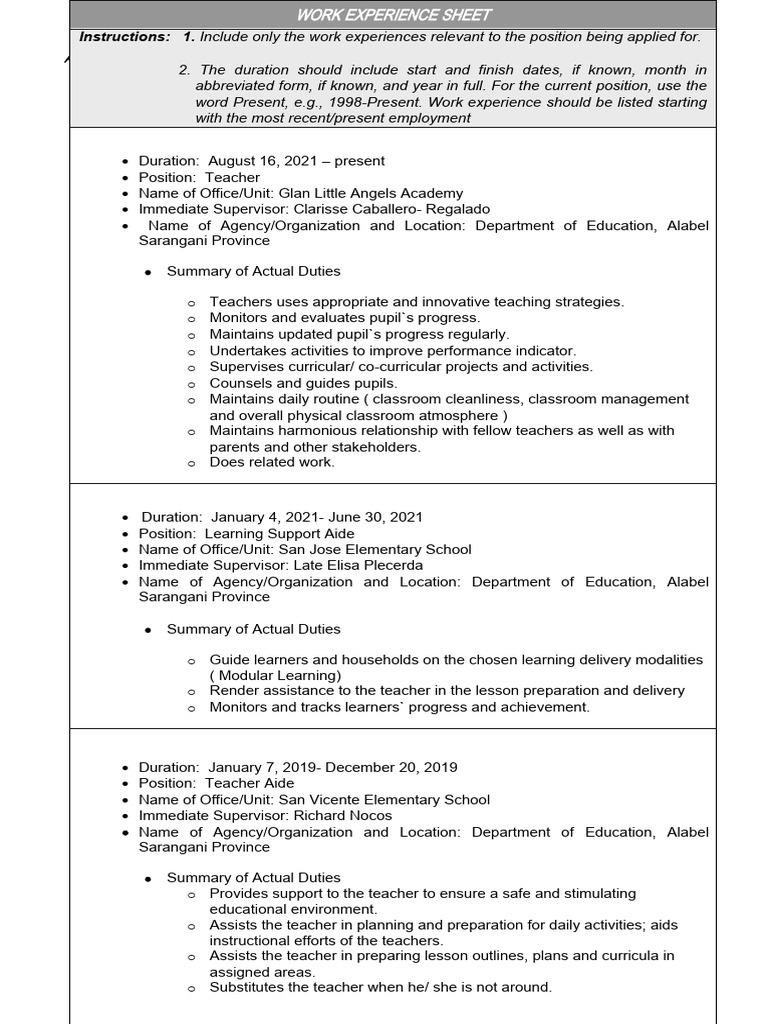 Work Experience Sheet | PDF | Teachers | Learning