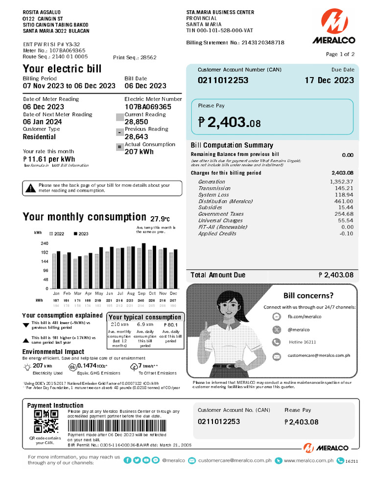 Meralco Bill 328509760104 12062023 - 1 | PDF | Banks | Value Added Tax