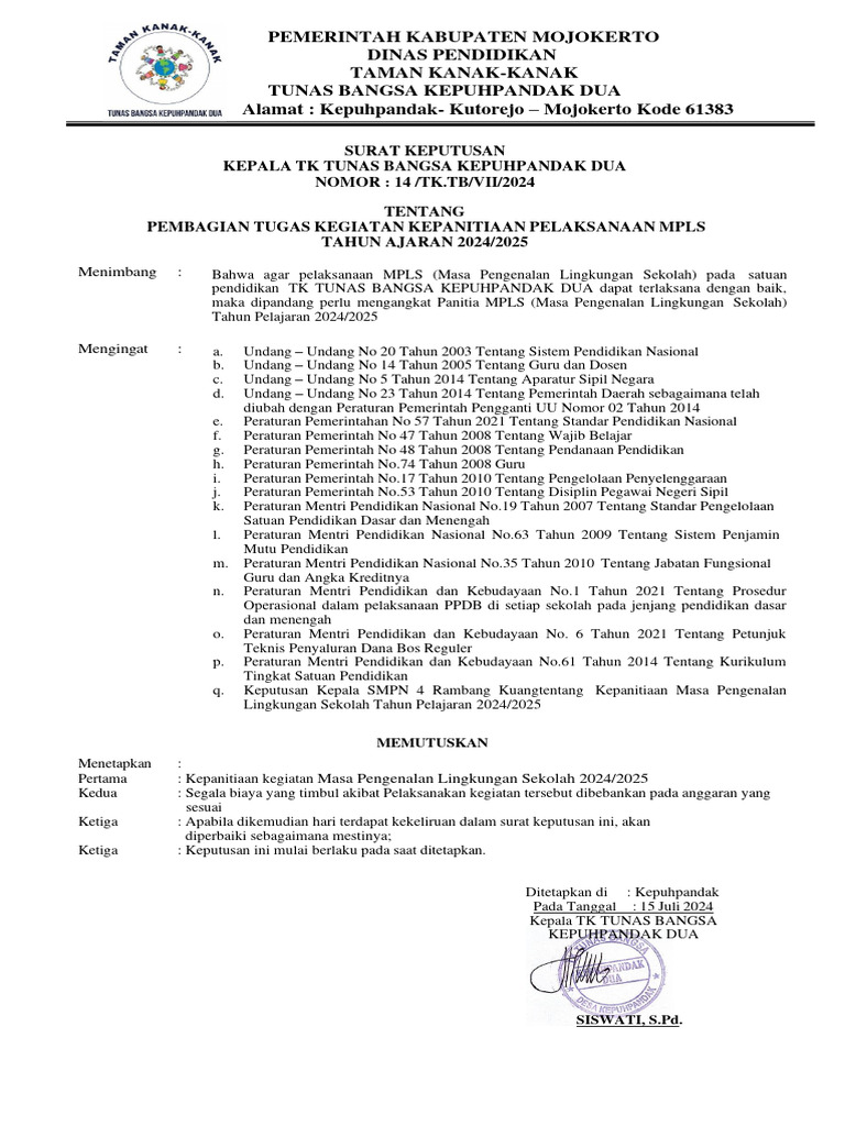 SK MPLS TK Tunas Bangsa Kepuhpandak Dua 2024 | PDF