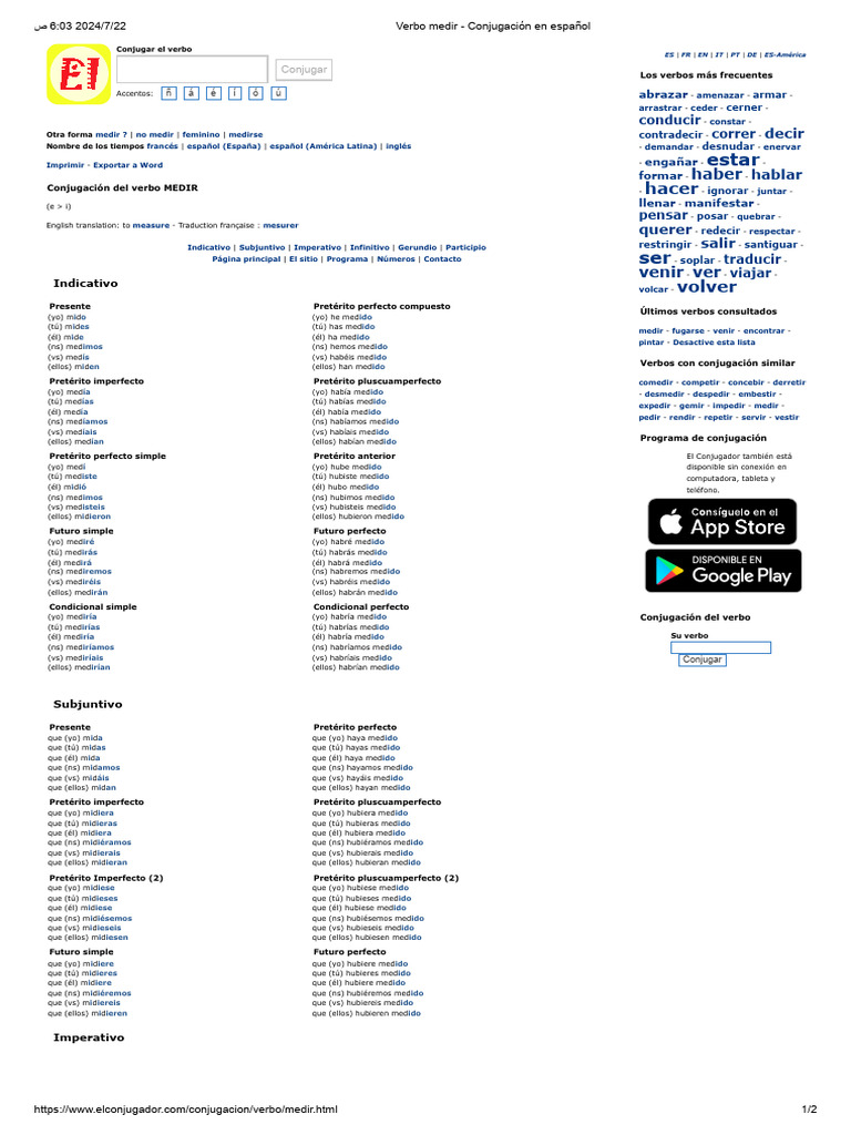 Verbo Medir - Conjugación en Español | PDF | Conjugación gramatical | Verbo
