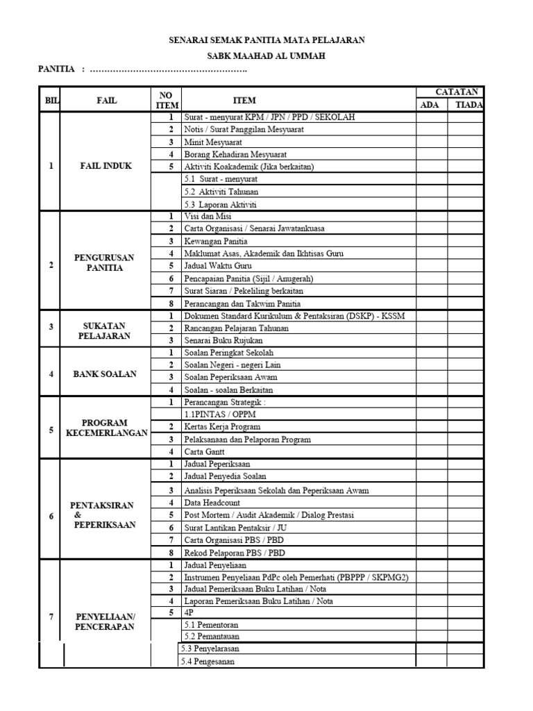 Senarai Semak Fail Panitia 2024 | PDF