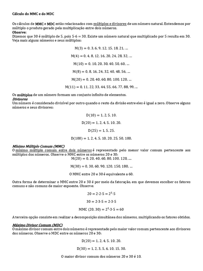 Cálculo de MMC e MDC: Guia Prático | PDF | Matemática | Aritmética