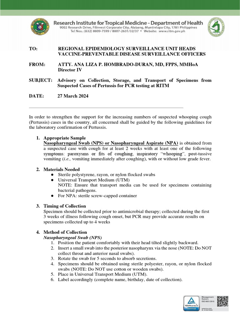 Advisory Regarding Pertussis Specimen Collection and Transport 3 27 24 ...
