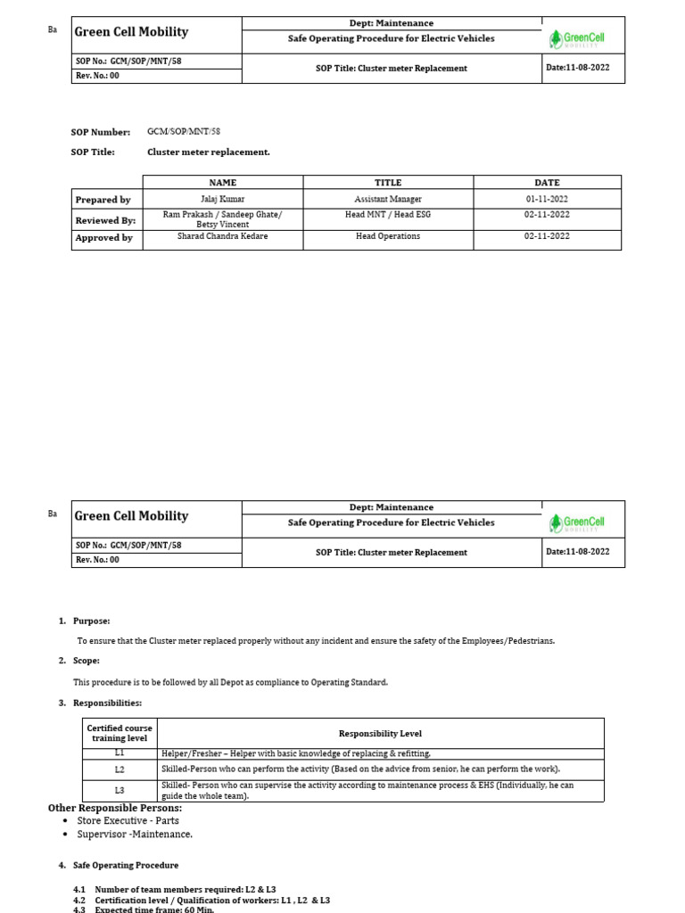 58.EV SOP - Cluster Meter R & R | PDF | Manufactured Goods | Vehicles