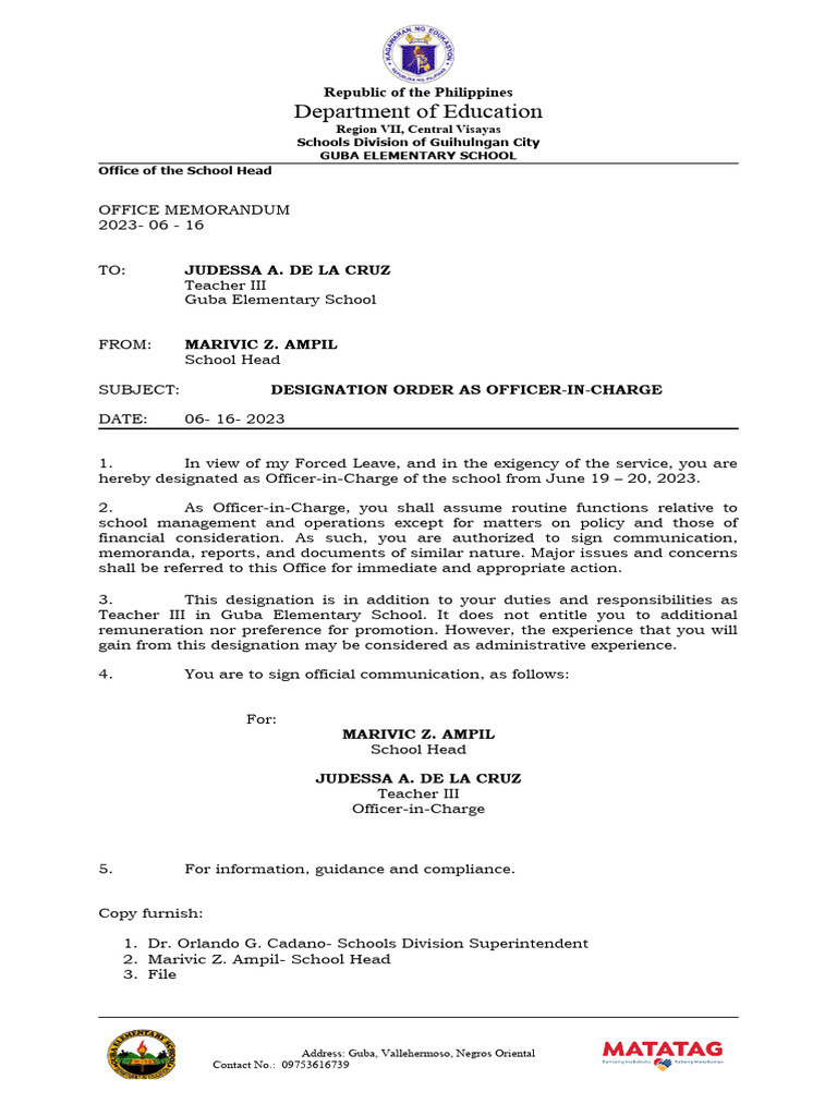 2023 Designation for School OIC Proforma JA de LA CRUZ2 | PDF ...