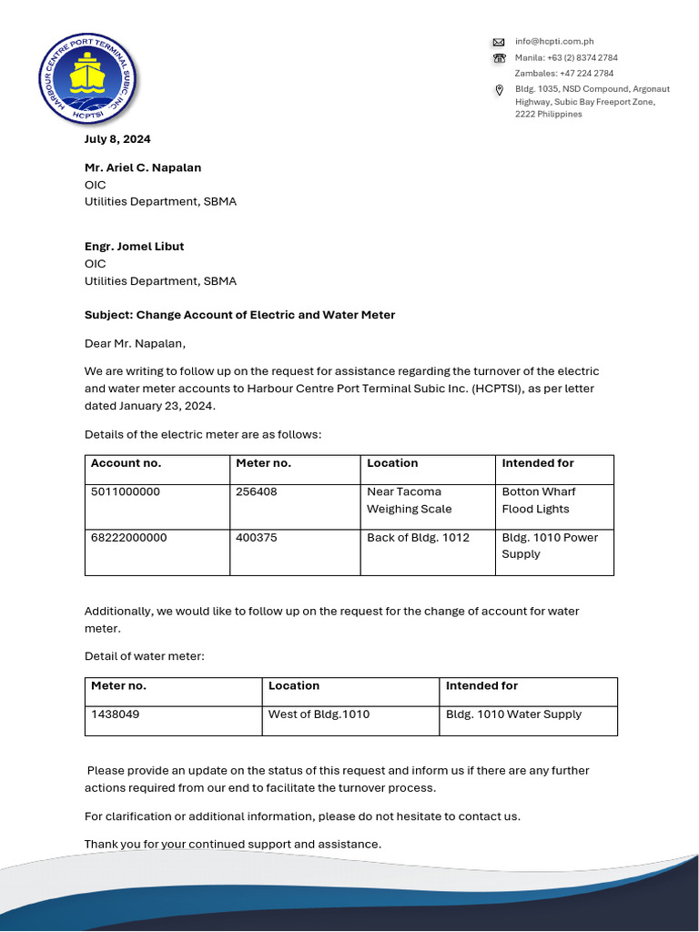 Letter - Change Account Water Meter Electric Meter | PDF