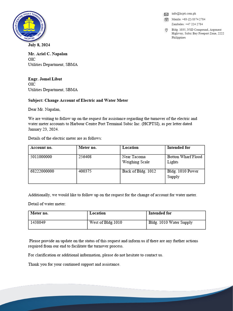 Letter - Change Account Water & Electric Meter | PDF | Home & Garden