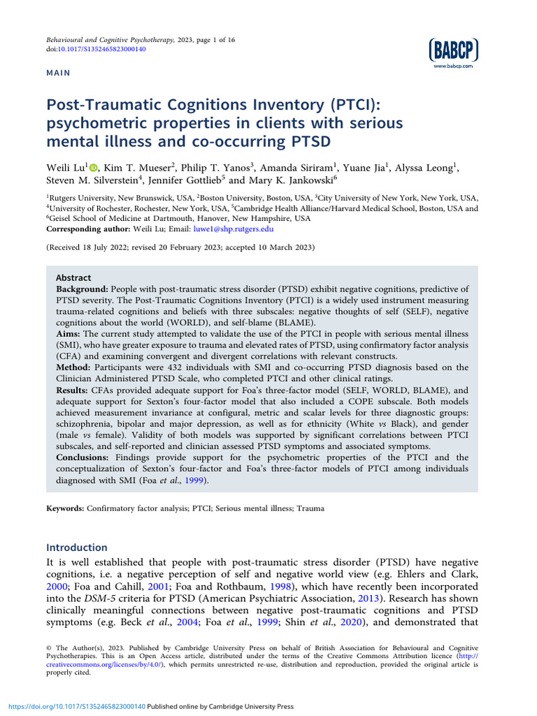 2post Traumatic Cognitions Inventory Ptci Psychometric Properties in ...