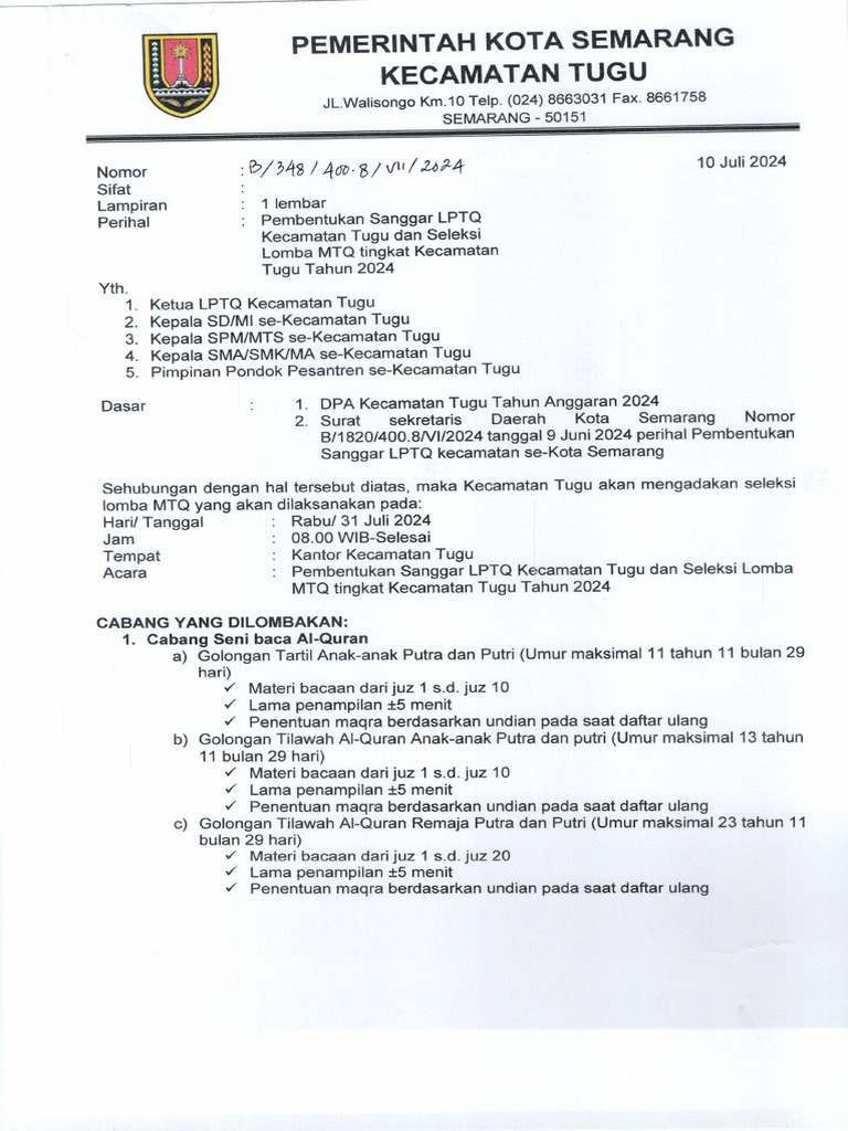 Undangan LPTQ Dan Seleksi MTQ Tugu 2024 | PDF